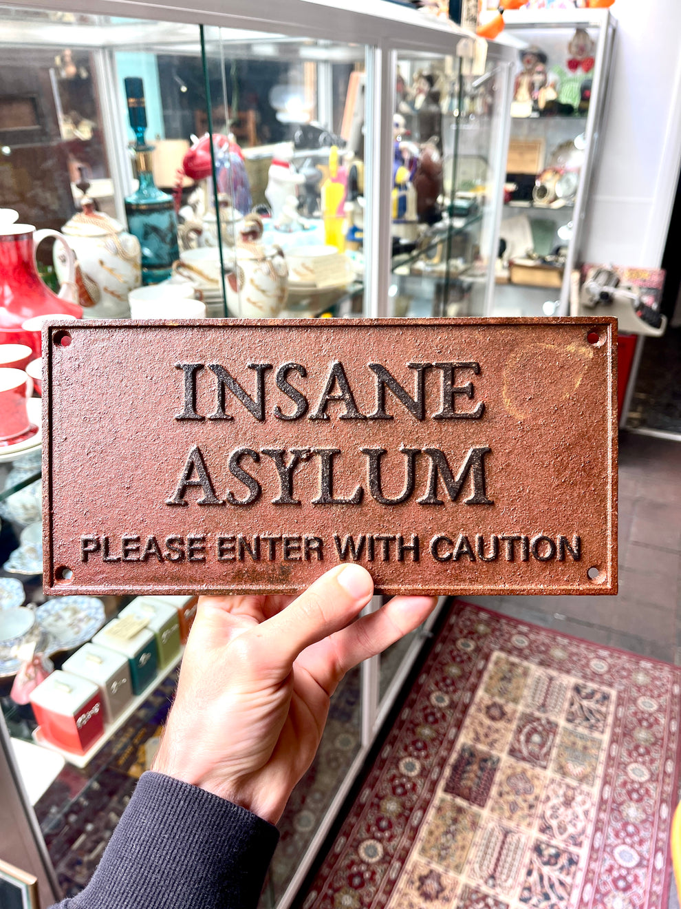 Rusty Insane Asylum Cast Iron Sign – La La Vintage